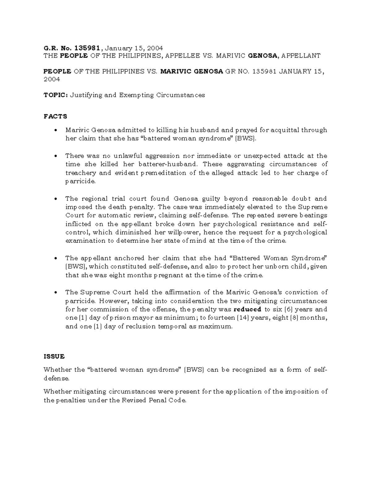 ART 11 PENA People vs. Genosa 341 SCRA 493 - G. No. 135981 , January 15 ...