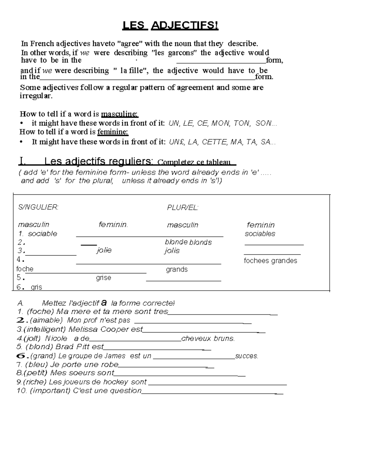 Regular French Adjectives - Unit 2 Practice Worksheet - Studocu