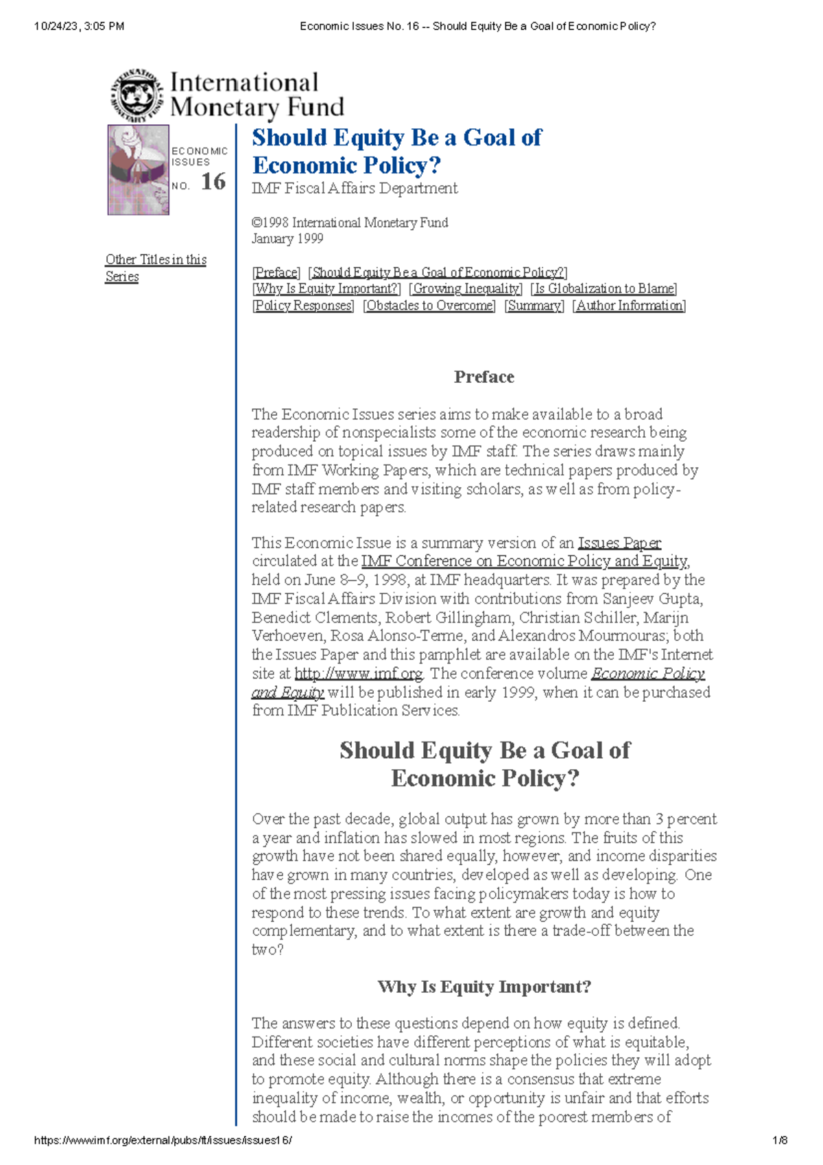 Economic Issues No. 16 - Should Equity Be a Goal of Economic Policy ...