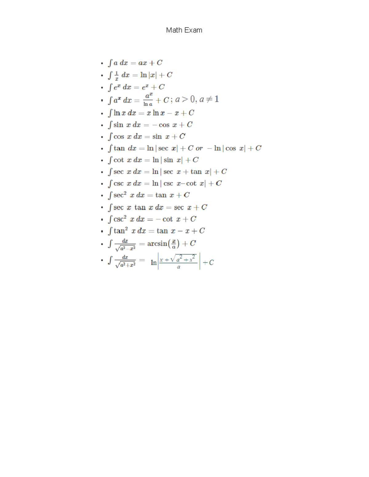 Calculus Formula Sheet - Math Exam Sadr=ax+C Std==nz+c adx+c;a>0,a# ...