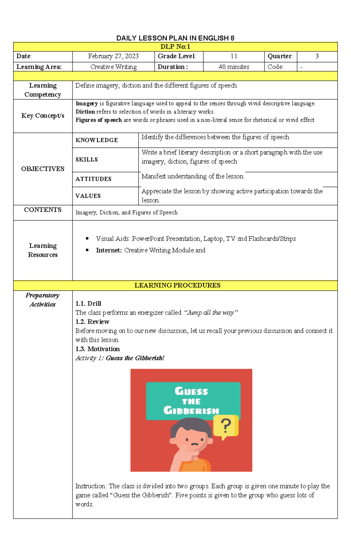 DAILY LESSON PLAN IN ENGLISH 8: Imagery, Diction & Figures of Speech ...