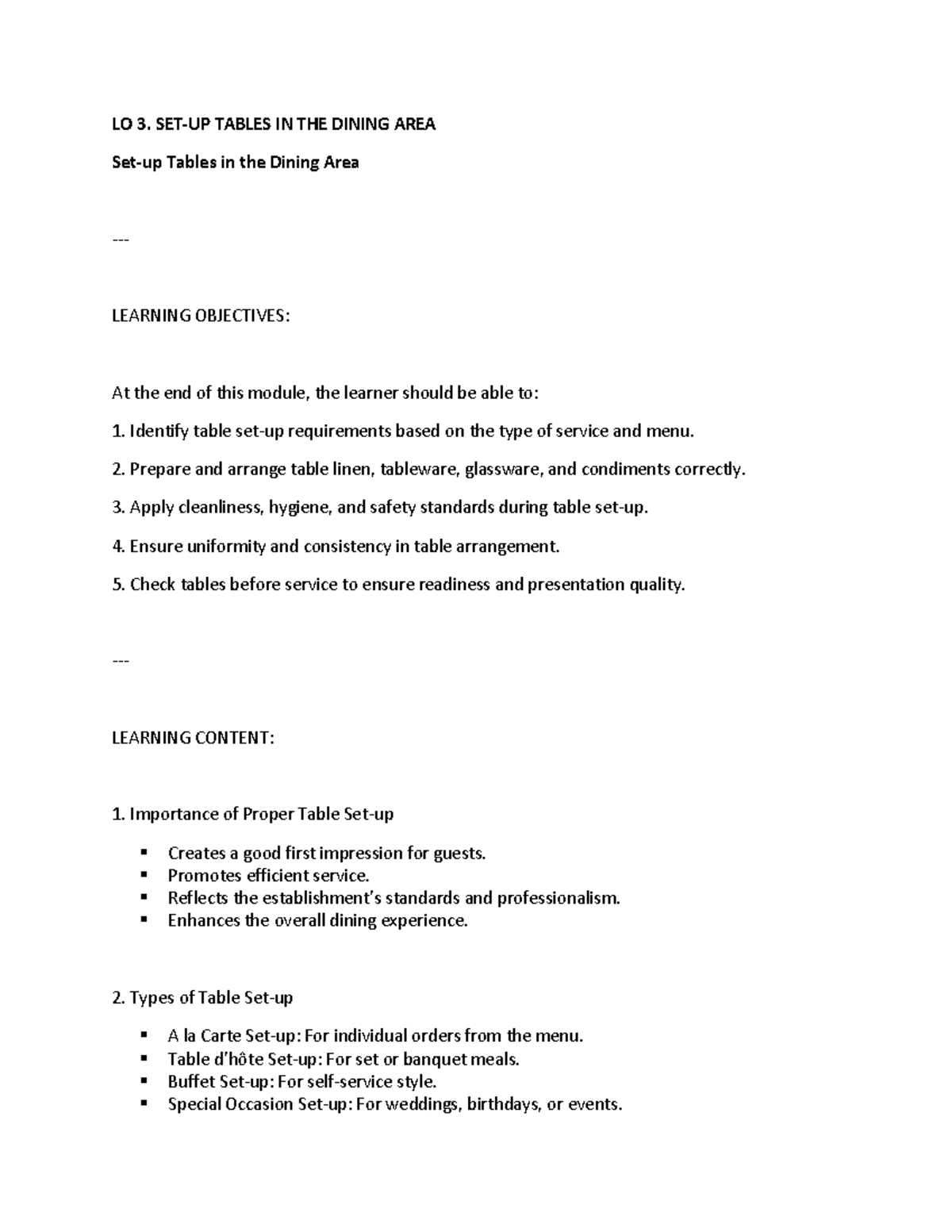 FBS-Module-LO3: Proper Table Setup in the Dining Area - Studocu