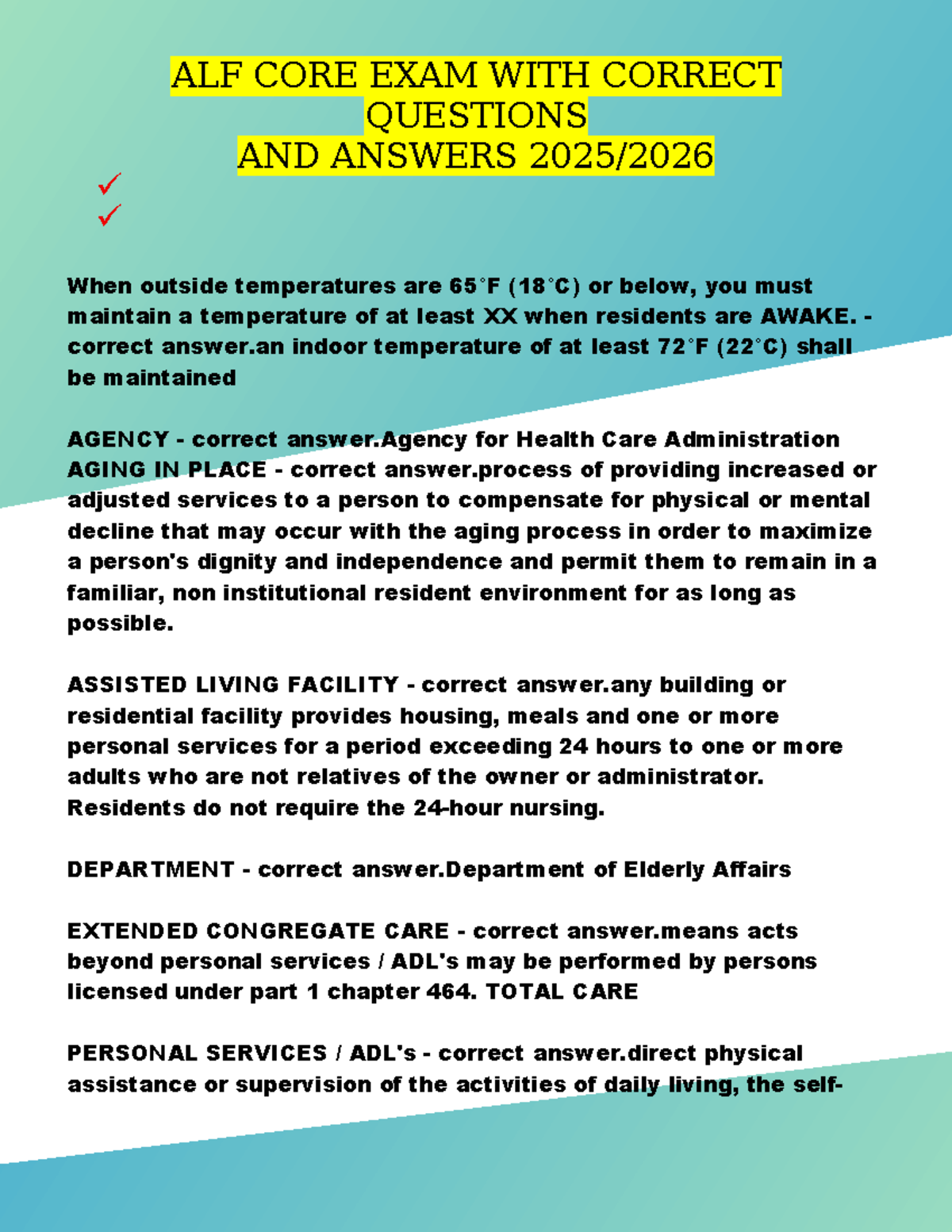 ALF CORE EXAM - QUESTIONS & ANSWERS FOR STUDY - Studocu