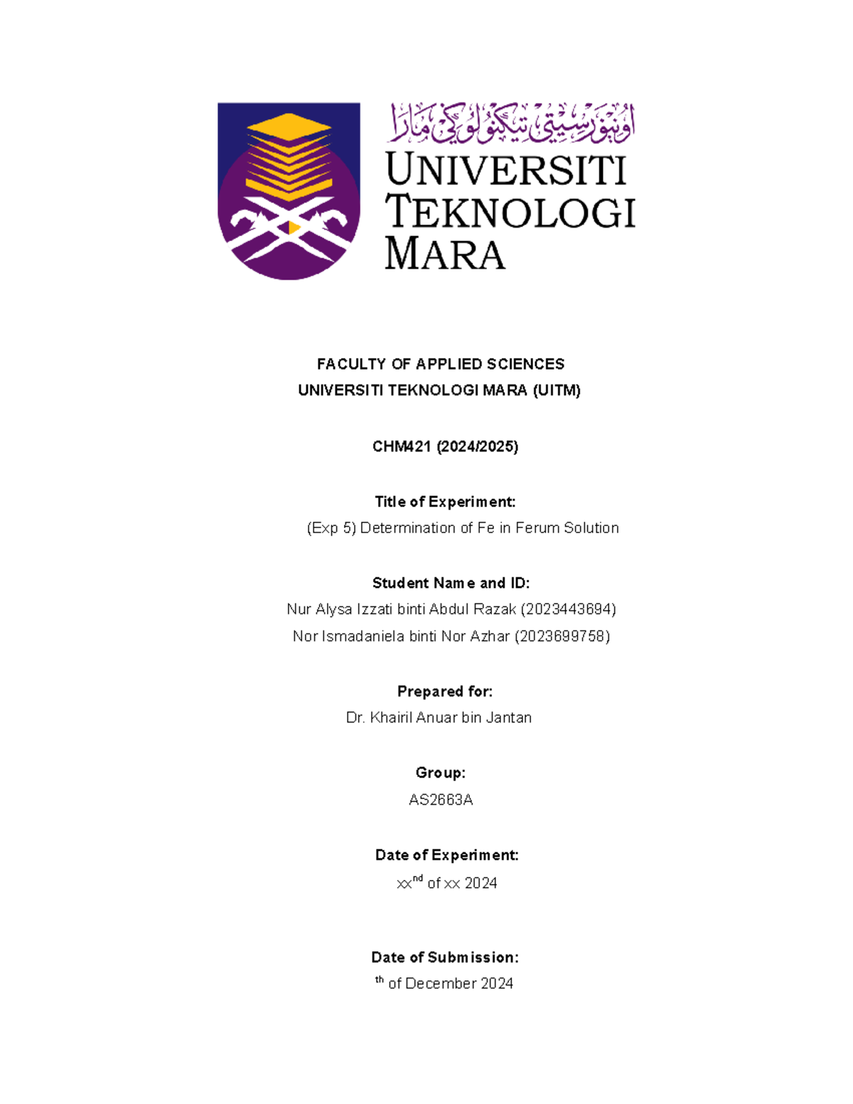 CHM421 Final Exam: Determination of Iron in Ferum Solution - Studocu