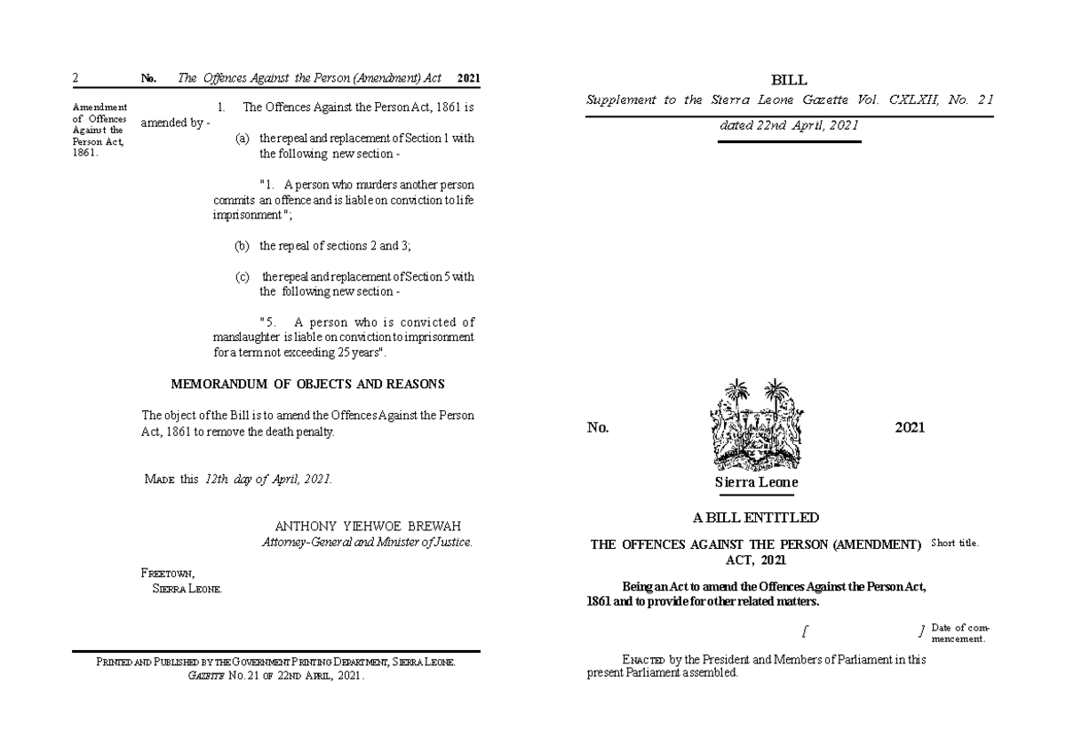 2 No. Amendment of Offences Against the Person Act, 1861 - Bill 2021 ...
