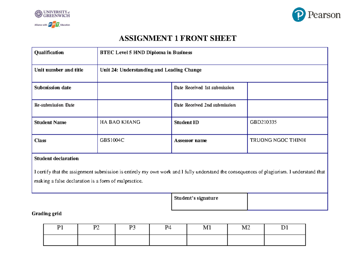 BTEC Level 5 HND Business Unit 24: Understanding Change Assignment 1 ...