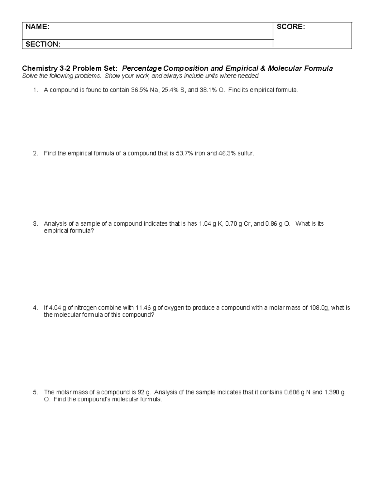 Chemistry 3 2 Problem Set - NAME: SCORE: SECTION: Chemistry 3-2 Problem ...