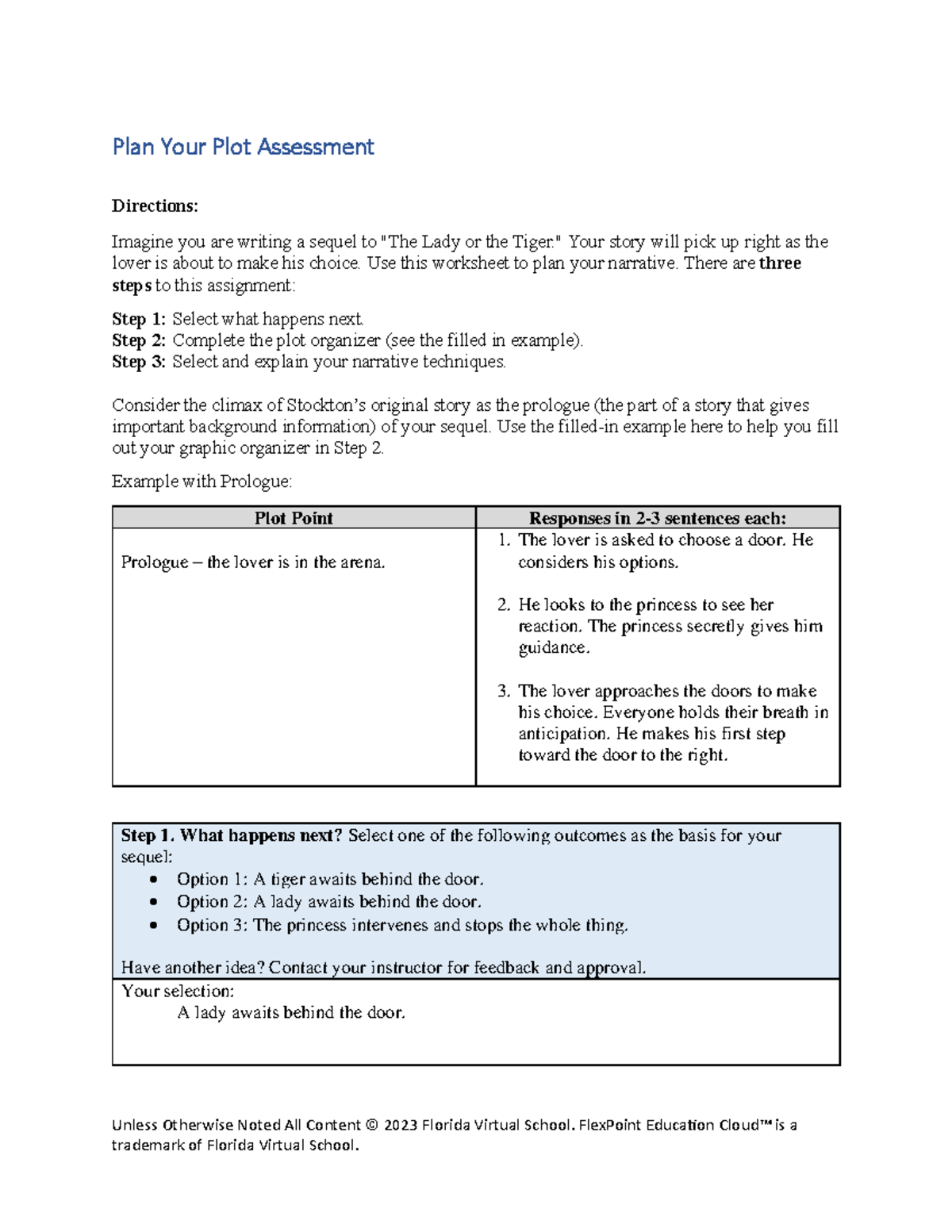 Plan Your Plot Assessment Rubric for "The Lady or the Tiger" Sequel ...