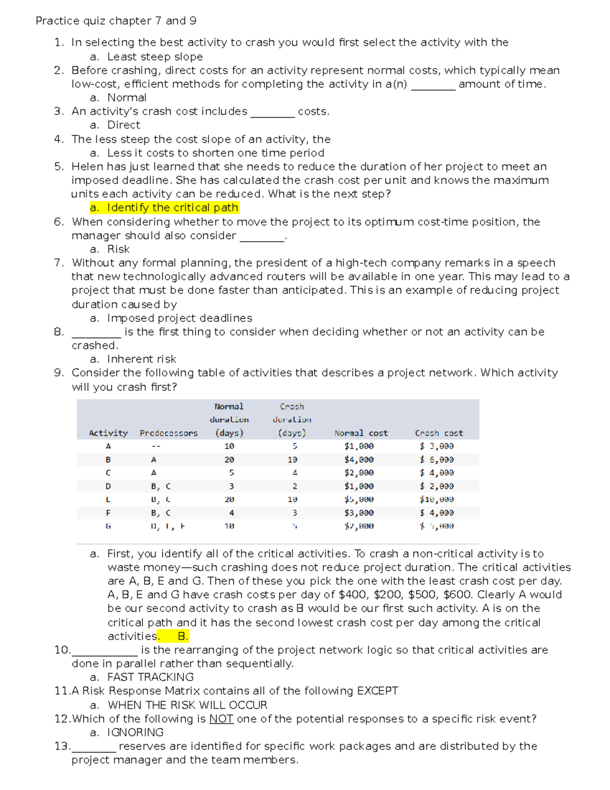 Module 6 Quiz Practice: Crash Costs and Project Duration Management - Studocu