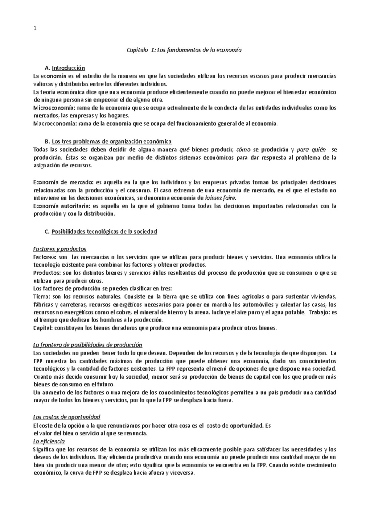 Resumen del Samuelson - Capitulo 1: Los fundamentos de la economía A ...