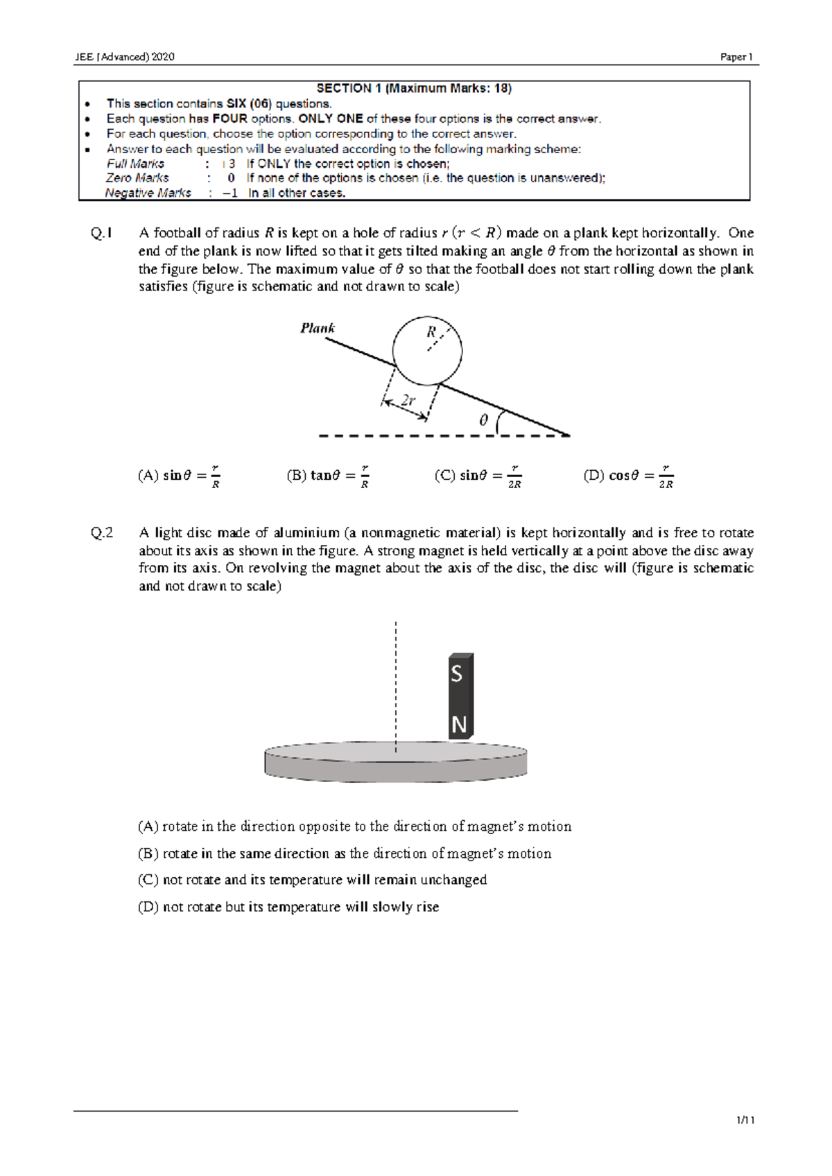 JEE (Advanced) 2020 Paper 1 - Complete Question Set - Studocu