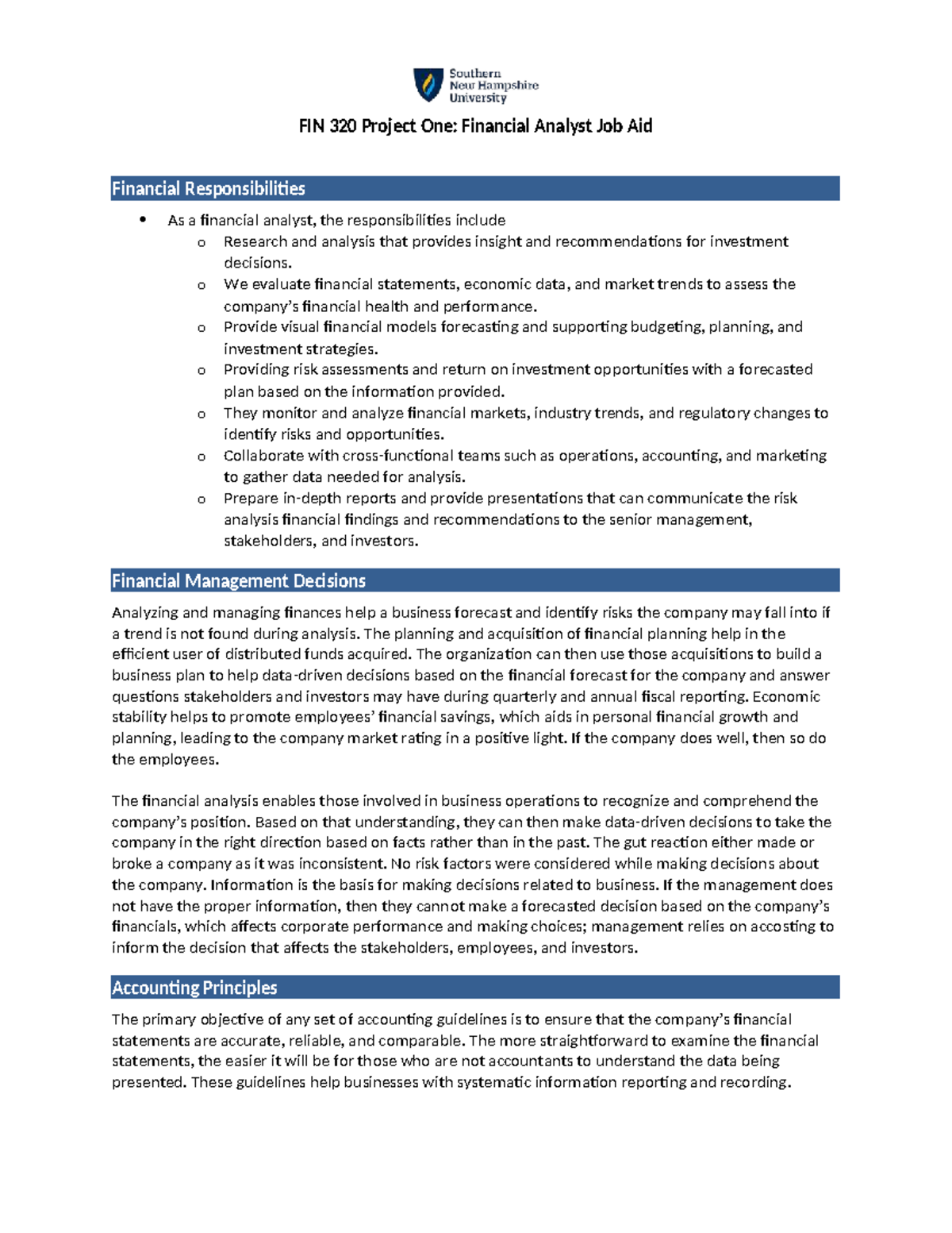 FIN 320 Project One: Essential Financial Analyst Job Aid - Studocu