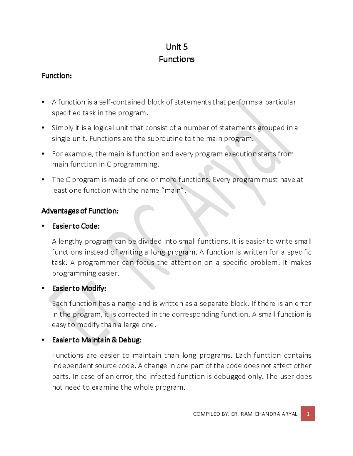 Unit 5: Functions in C Programming - Key Concepts and Advantages - Studocu