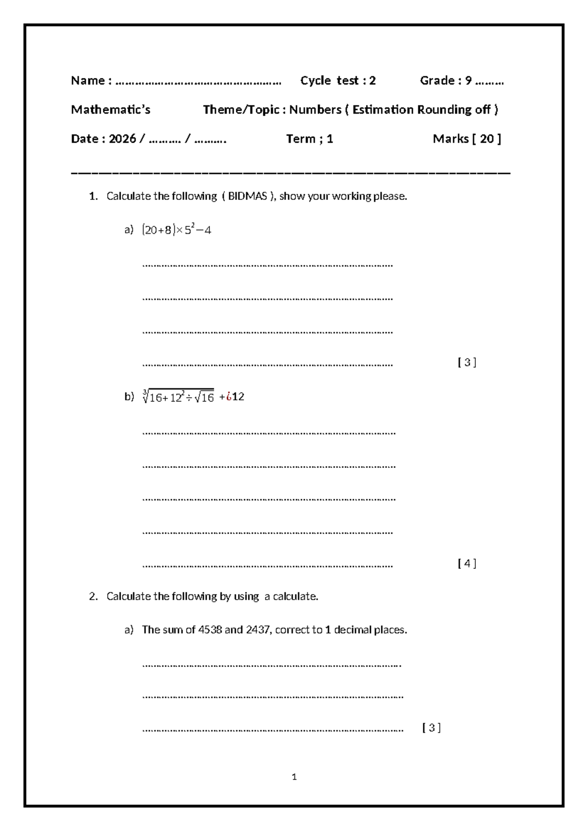 Grade 9 Cycle Test 2: Numbers (Estimation & Rounding) - Studocu