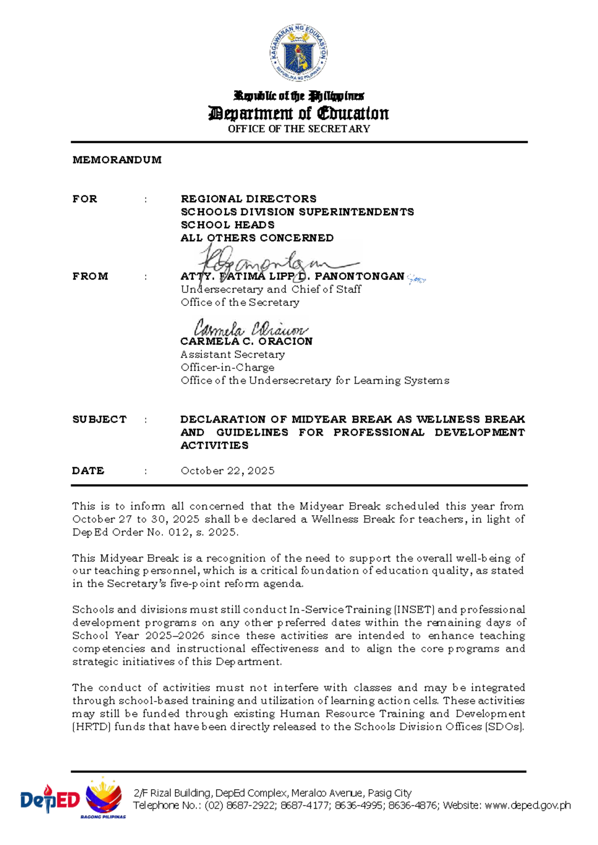 DepEd Memo 038: Midyear Break as Wellness Break Guidelines - Studocu