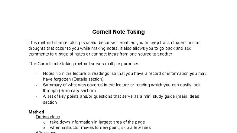 Cornell Note Taking Method - Study Skills Guide - Studocu