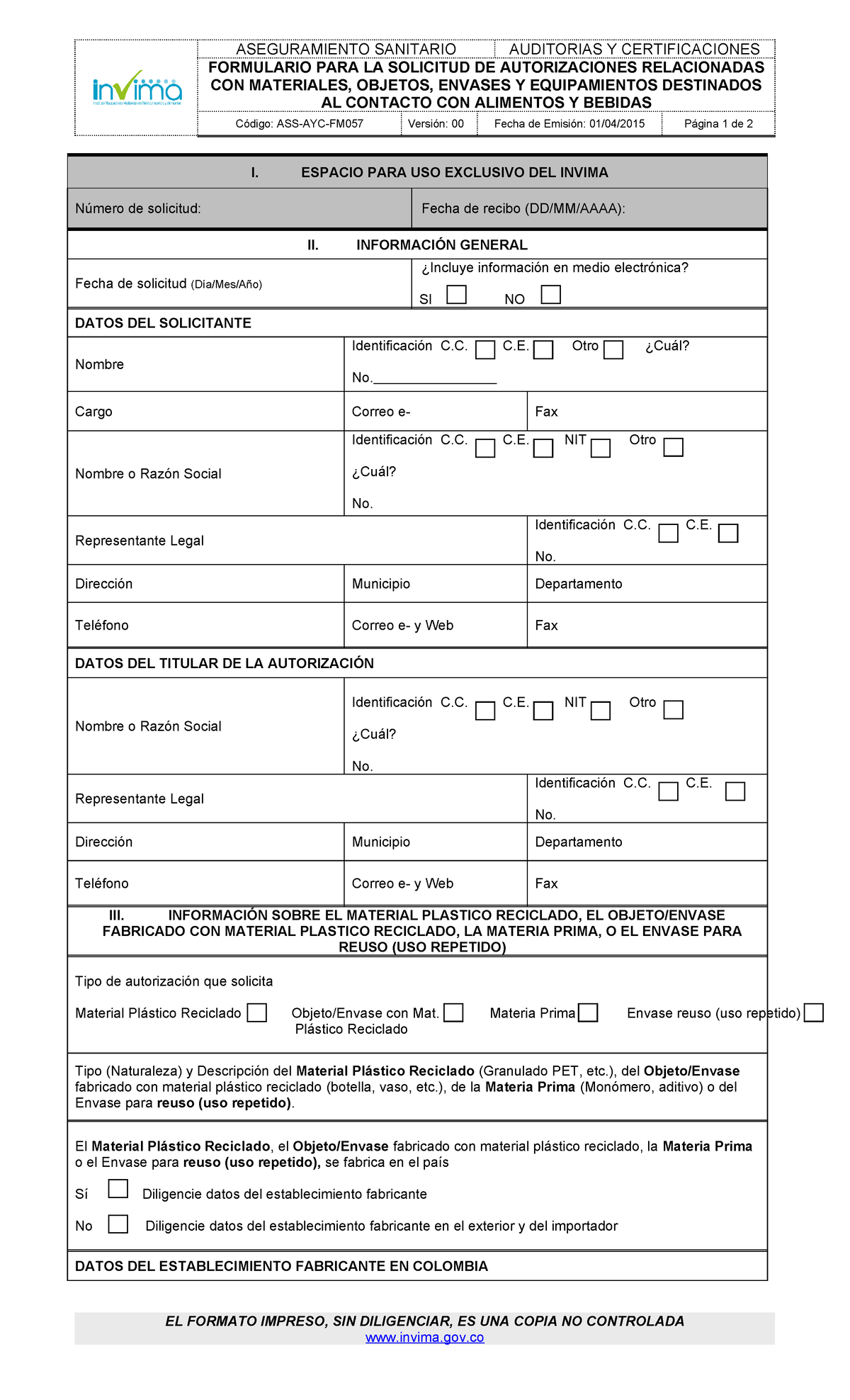 Formulario de Solicitud de Autorización para Materiales en Contacto con - Studocu
