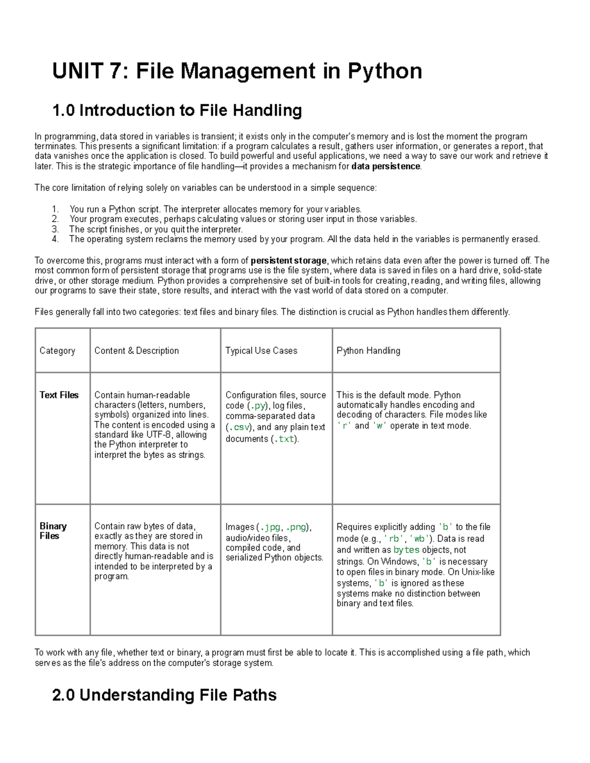 Python UNIT 7: File Management and Data Persistence Techniques - Studocu