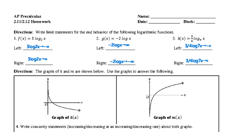 AP Precalculus Classwork: Logarithmic Functions & Limits - Studocu