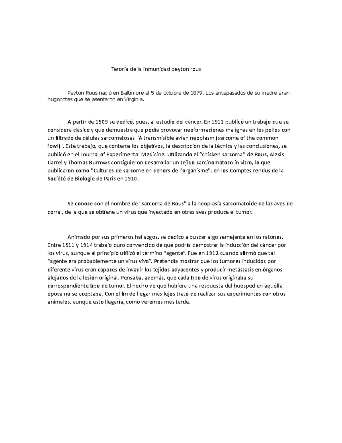 Teoría de la Inmunidad de Peyton Rous: Estudio de Tumores Virales - Studocu