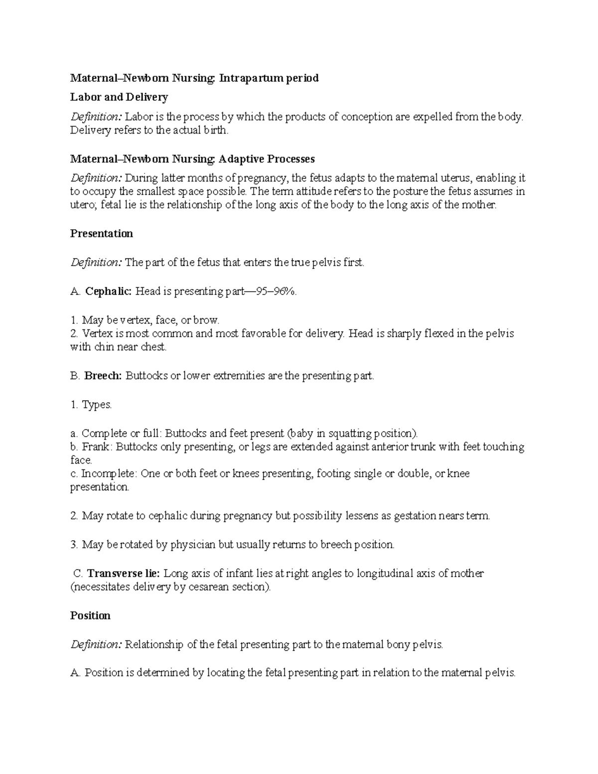 Maternal Child Nursing: Key Intrapartum Terms Defined - Studocu