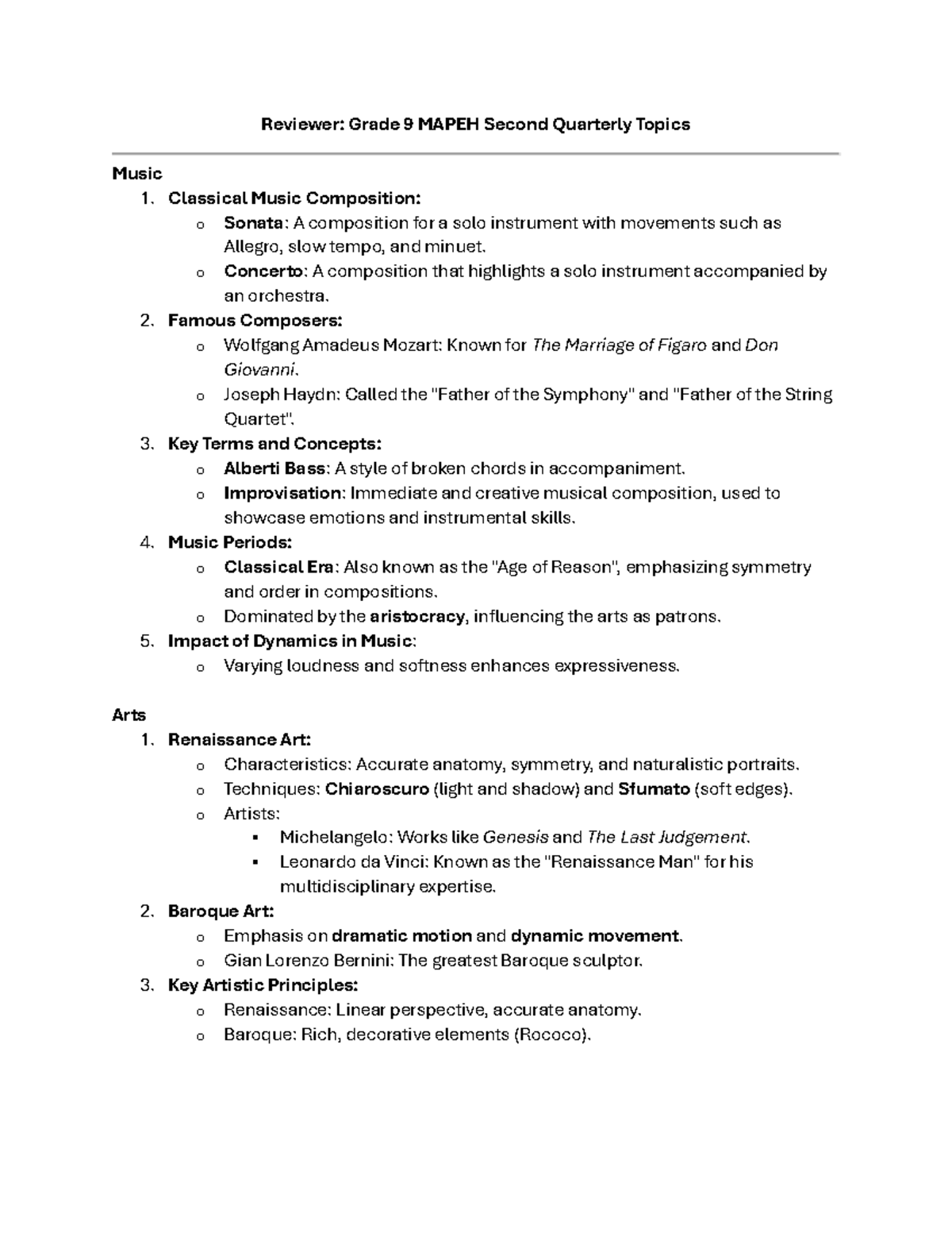 G9 MAPEH 2nd Quarter Reviewer: Music & Arts Overview - Studocu