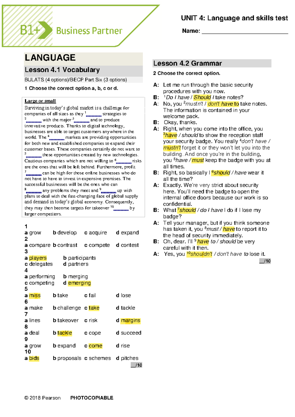 MINI TEST 4 - LANGUAGE LESSON 4 VOCABULARY AND GRAMMAR - Studocu