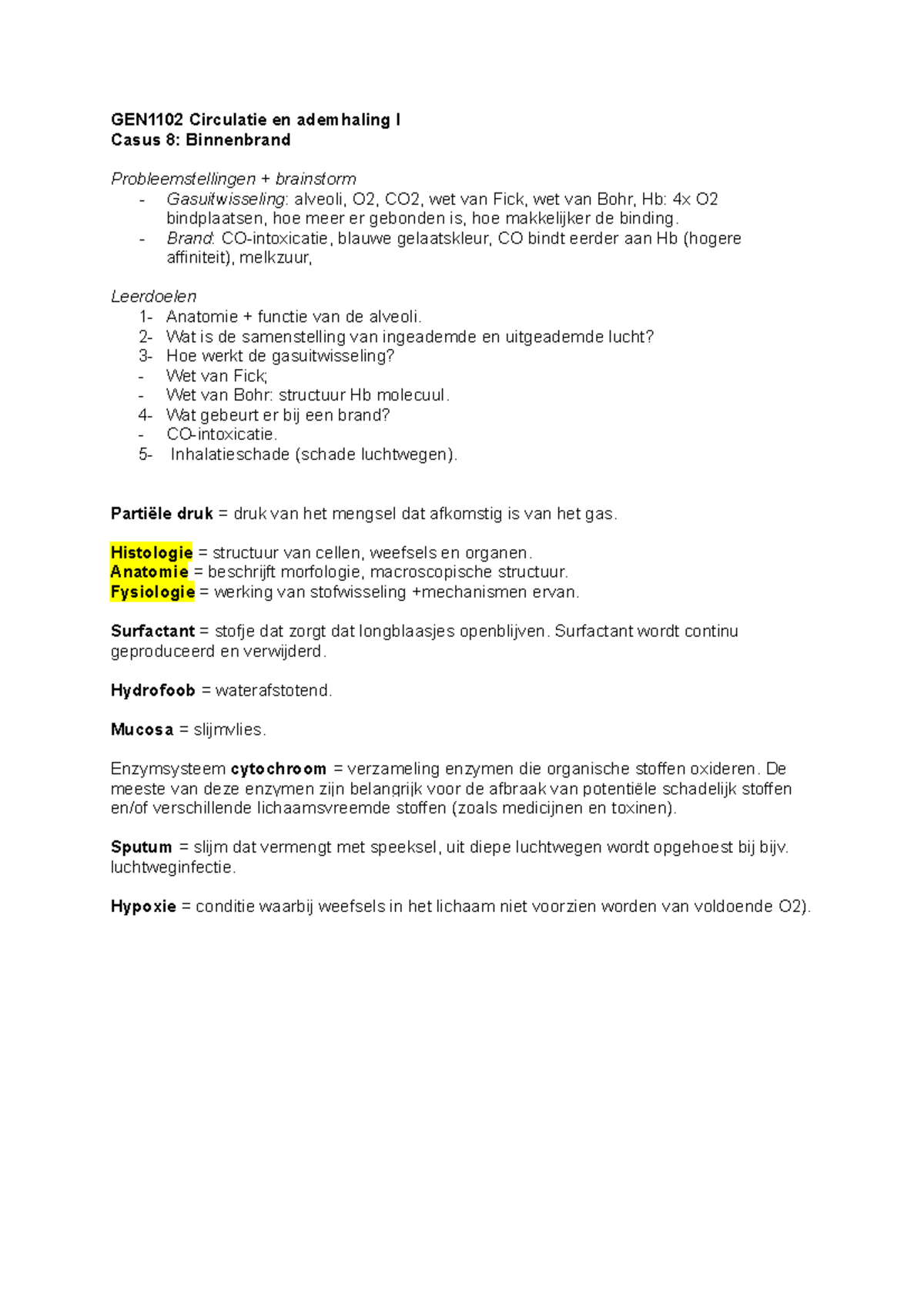 GEN1102 Casus 8: Brand en CO-intoxicatie - Anatomie en Fysiologie van ...