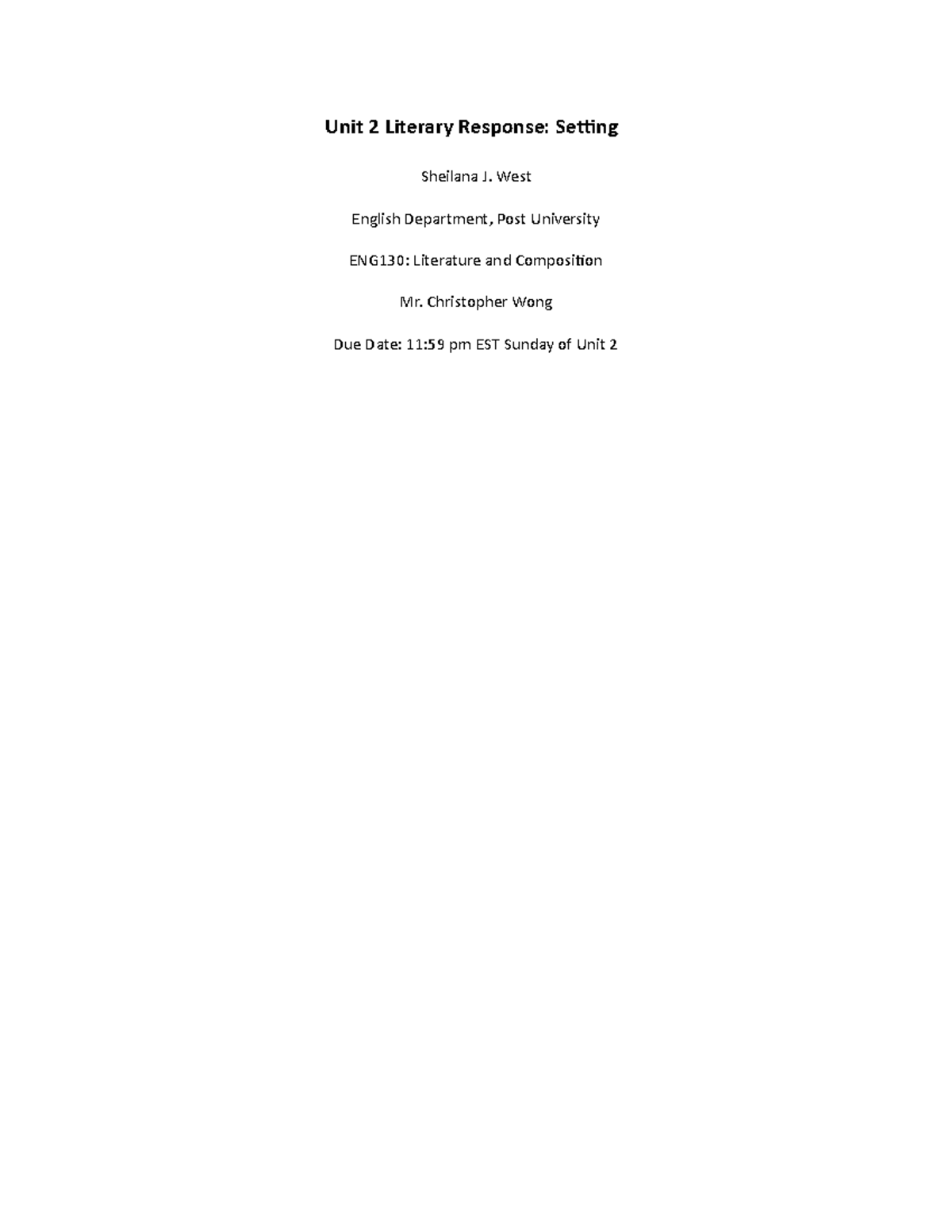 ENG130 Unit 2 Literary Response: Analyzing Setting in "Money" - Studocu