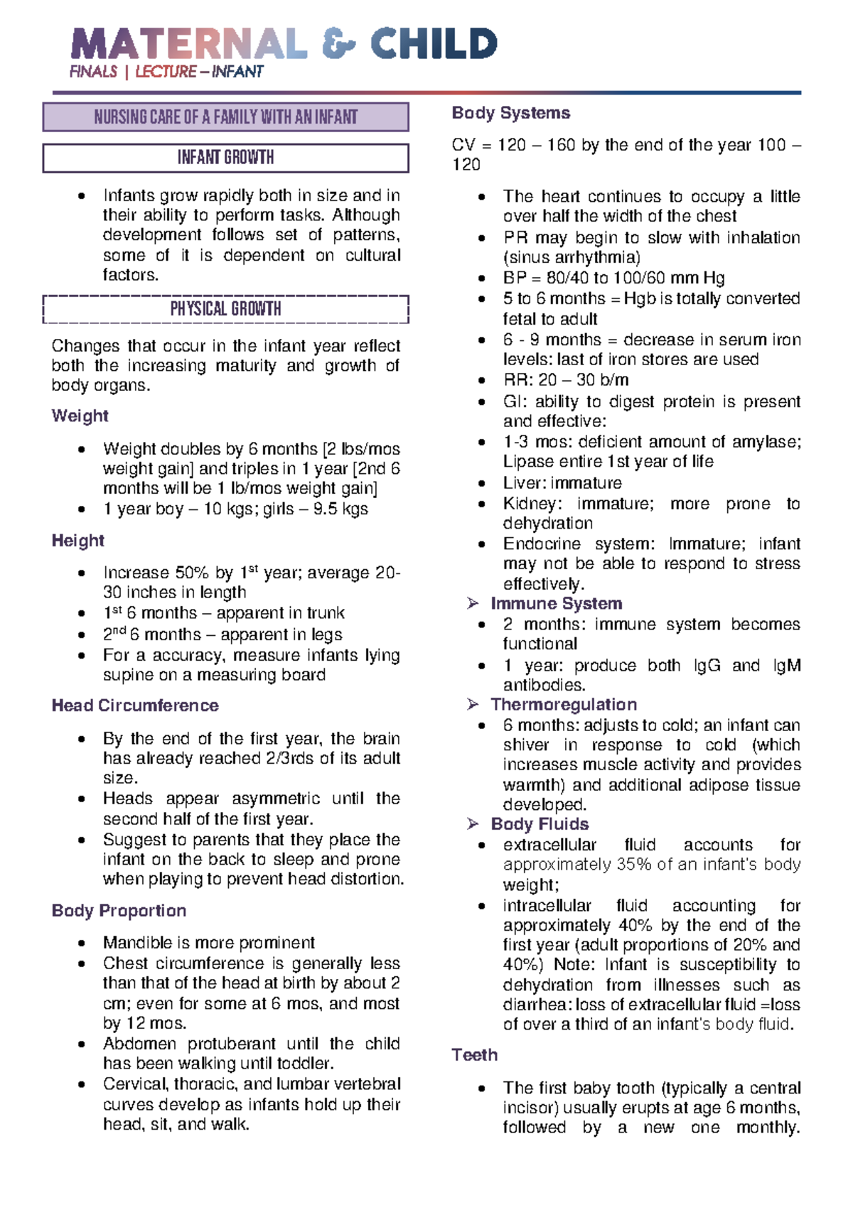 MCN Final Exam Review: Nursing Care for Infants and Growth - Studocu