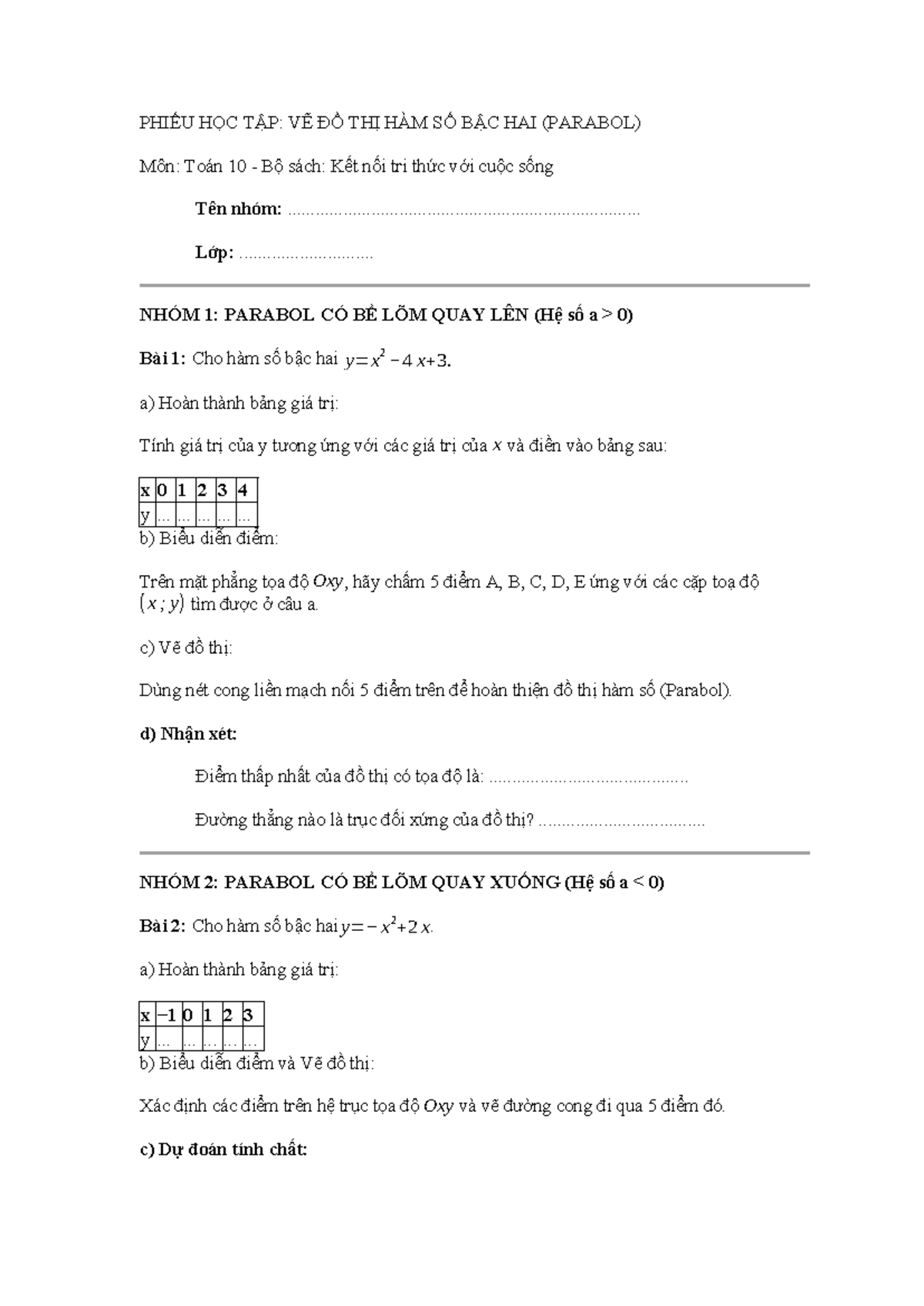 PHIẾU HỌC TẬP: VẼ ĐỒ THỊ HÀM SỐ BẬC HAI - TOÁN 10 - Studocu