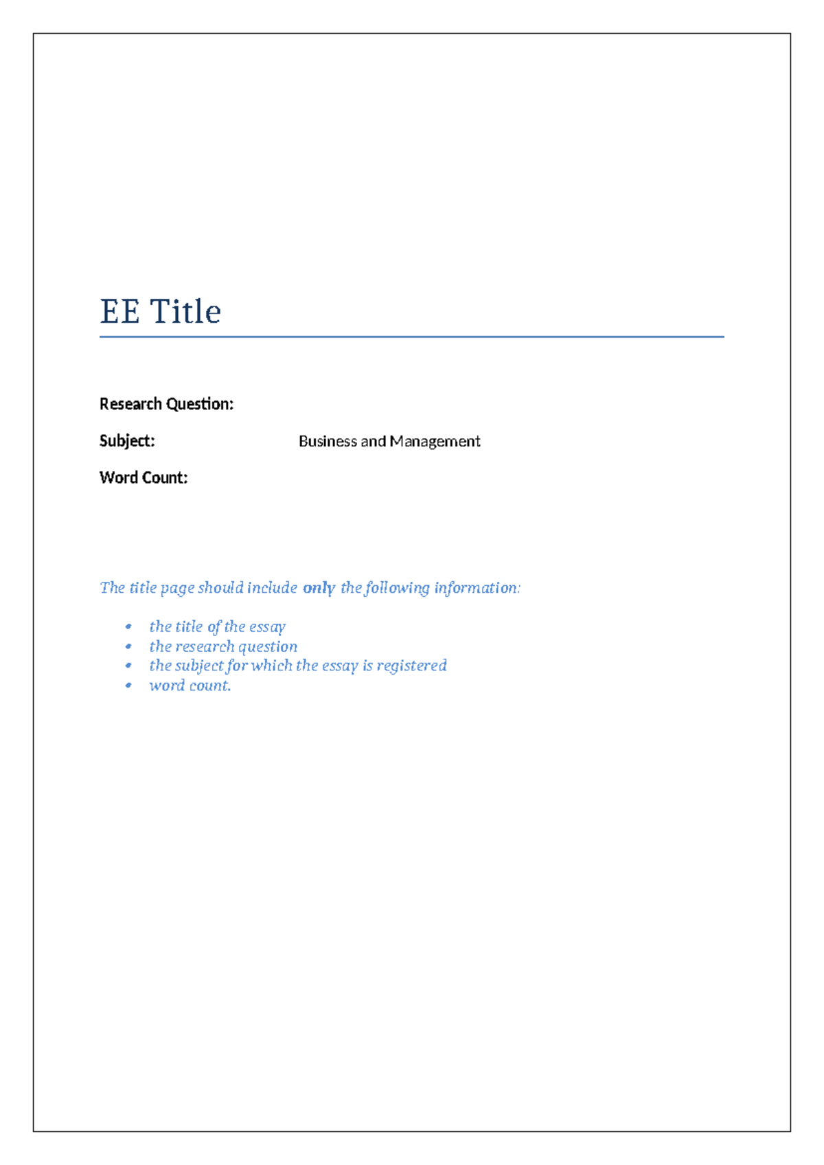 EE Word Template - EE Title Research Question: Subject: Business and ...