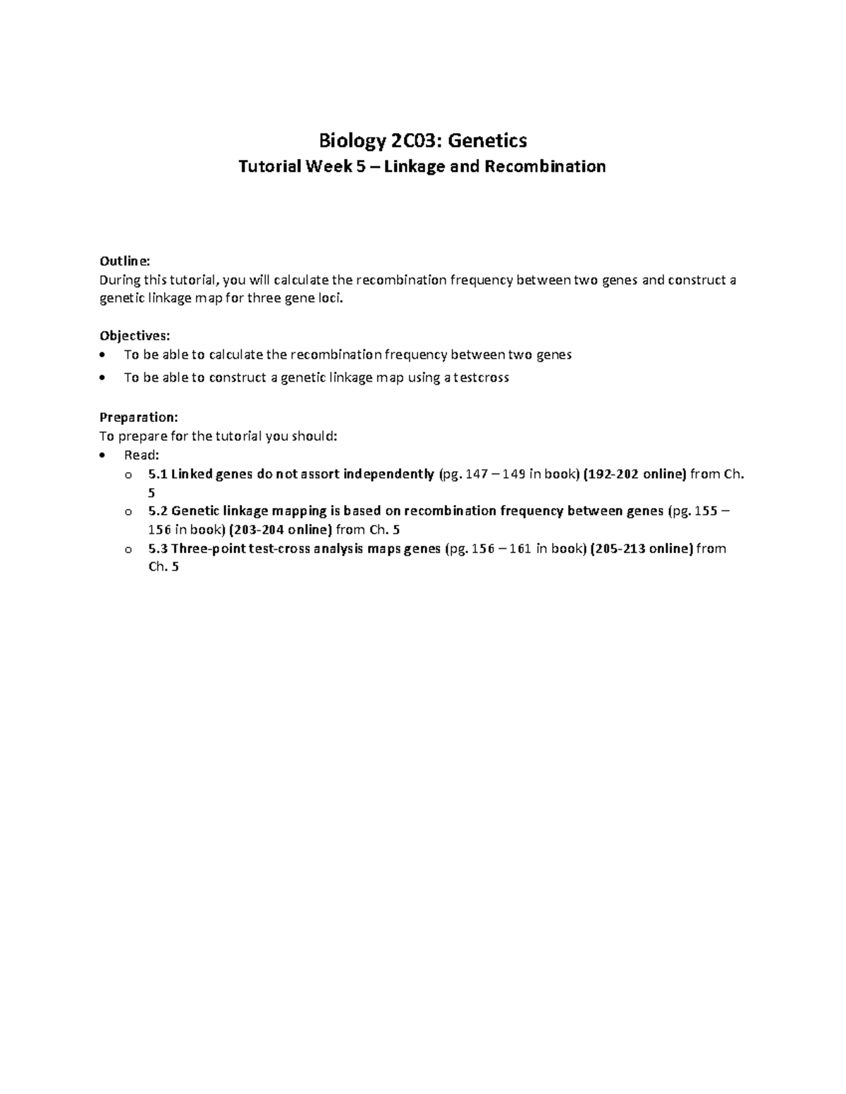 Week 5 tutorial answers - Biology 2C03: Genetics Tutorial Week 5 – Linkage and Recombination ...