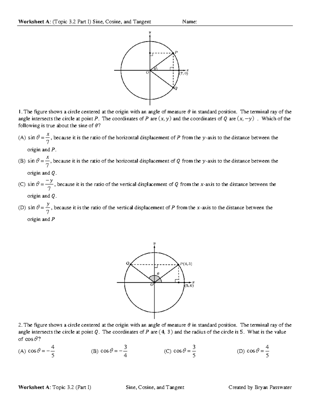 3.2 Worksheet A: Part I on Sine, Cosine, and Tangent Concepts - Studocu