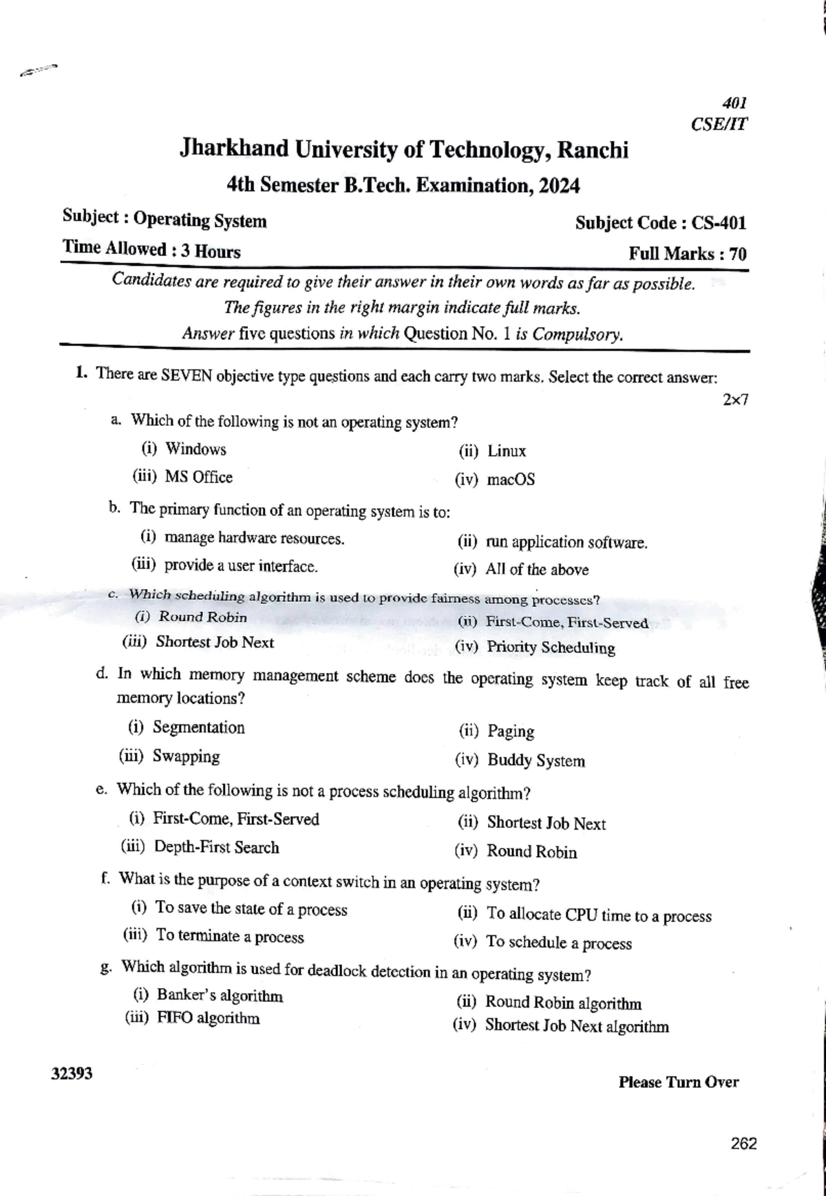 BTech 4th Sem OS Exam Question Paper 2024 - Jharkhand University - Studocu