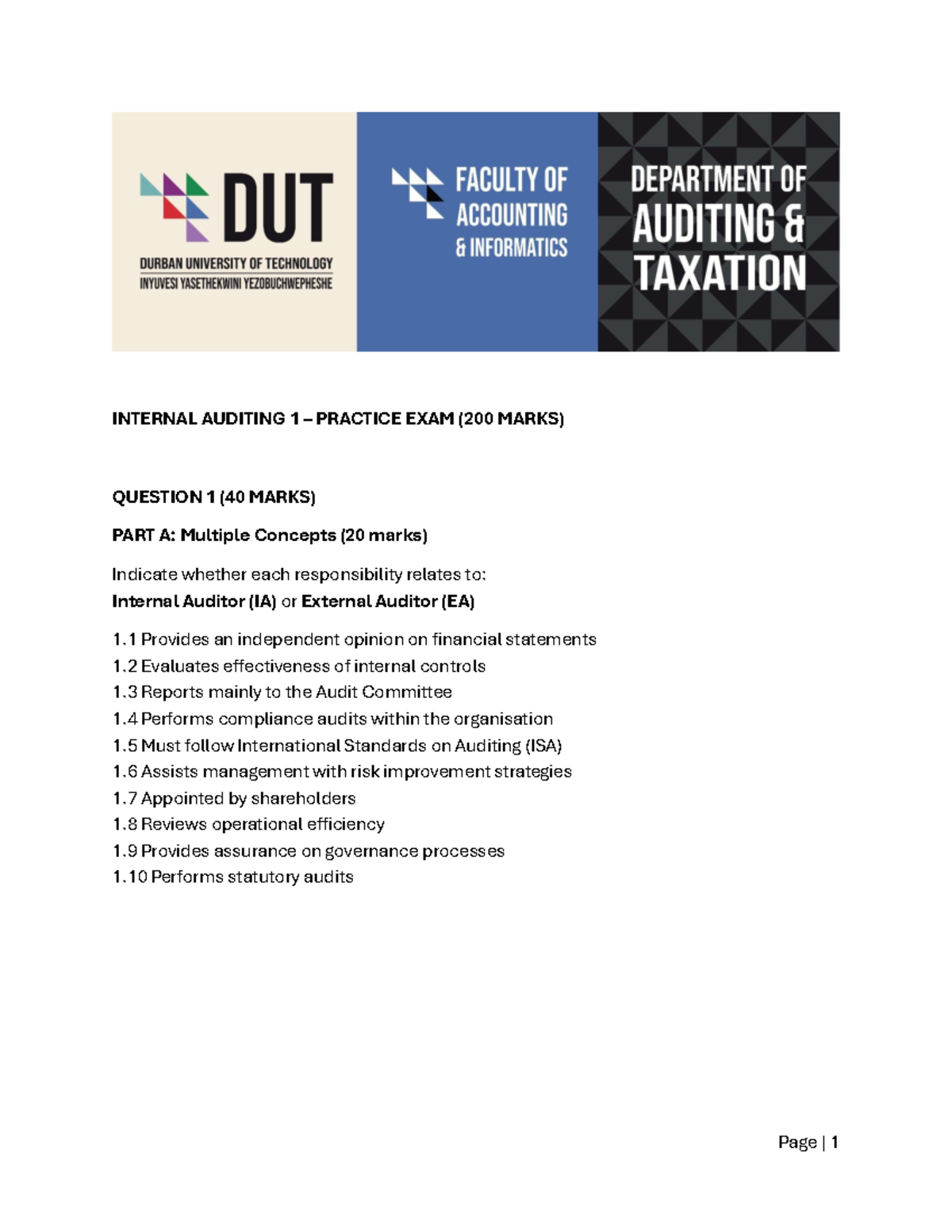 INTERNAL AUDITING 1 – PRACTICE EXAM - Studocu