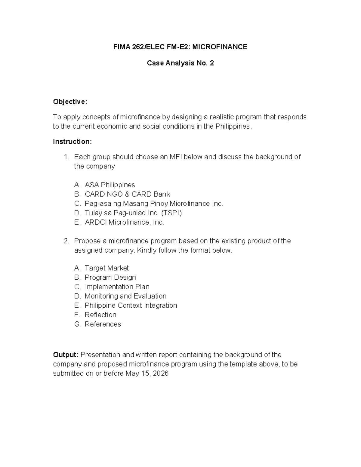 FIMA MICROFINANCE Case Analysis No. 2: Program Design for the ...