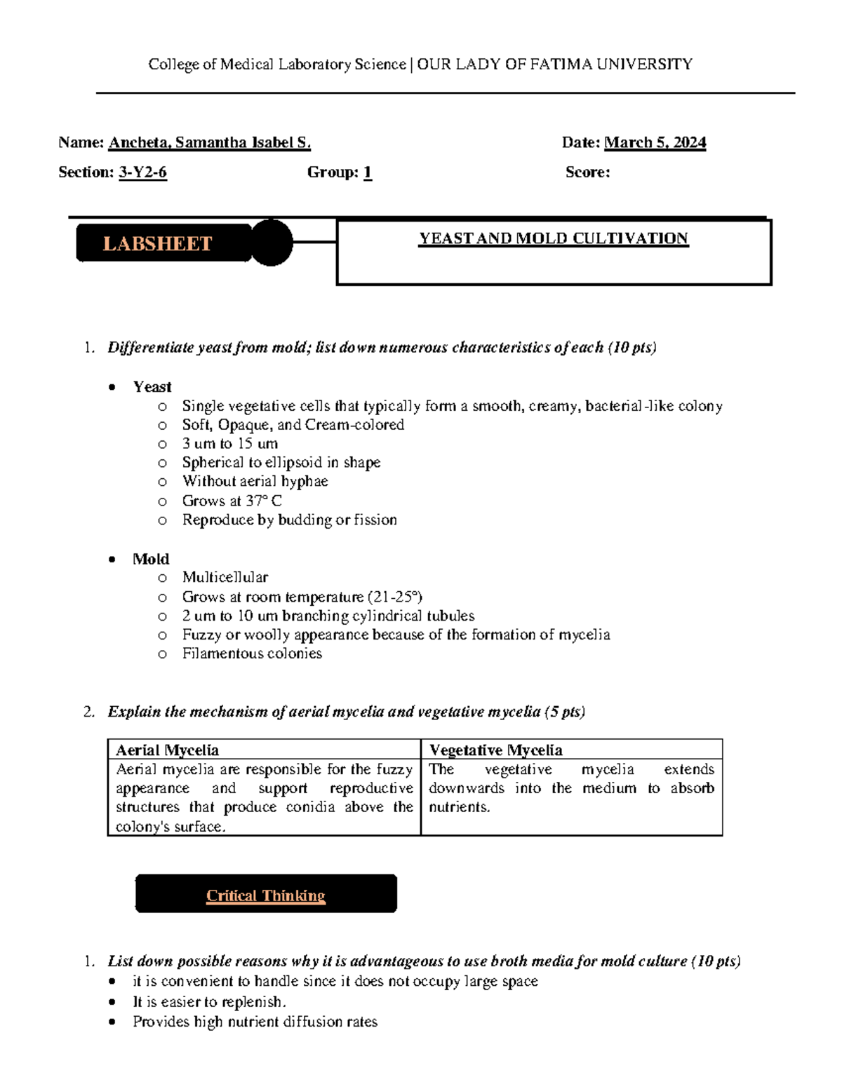 MYCV LAB Sheet - LABSHEET YEAST AND MOLD CULTIVATION Critical Thinking College of Medical ...