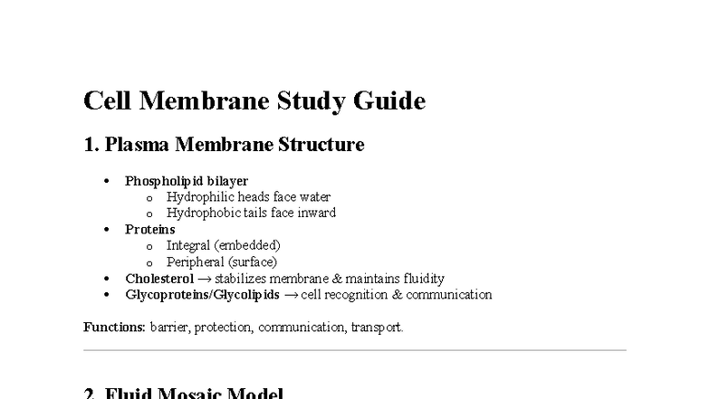 Cell Membrane Structure and Functions Study Guide (BIO 101) - Cell Membrane Study Guide 1 ...