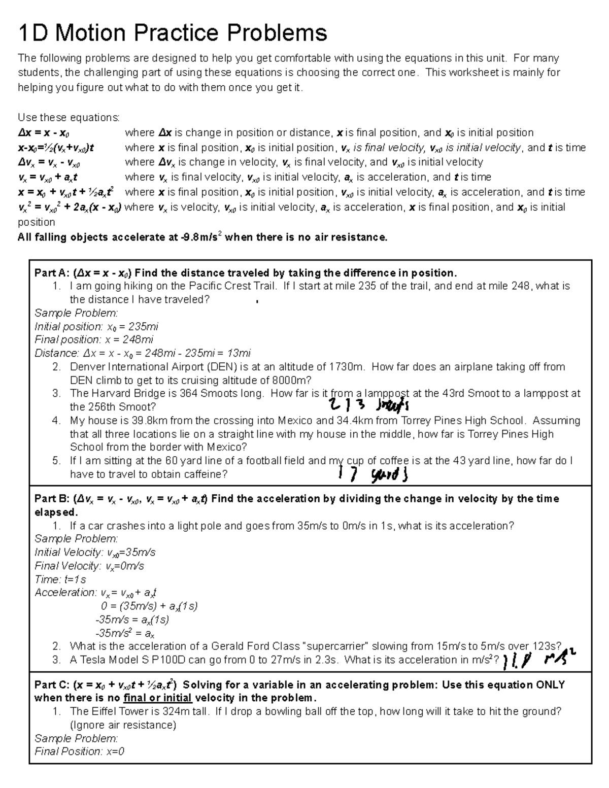 Kami Export - 1D Motion Practice Problems 2024E - 1D Motion Practice ...