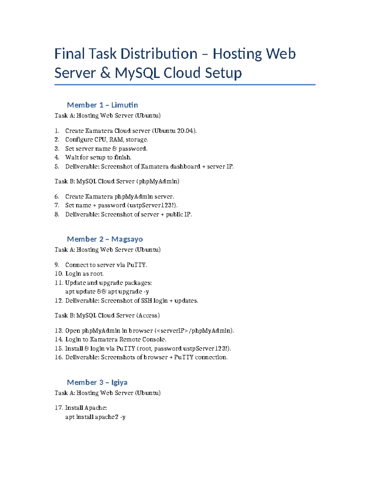 Final Task Distribution: Hosting Web Server & MySQL Setup - Studocu