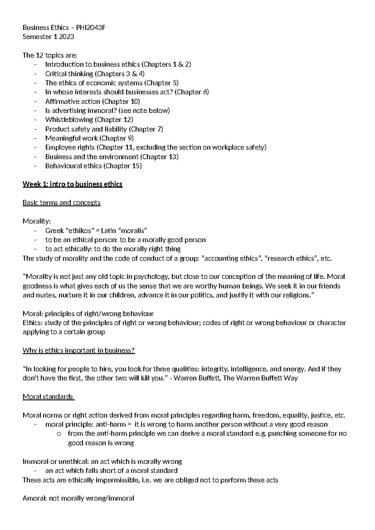 Bus Ethics Notes - Business Ethics – PHI2043F Semester 1 2023 The 12 ...