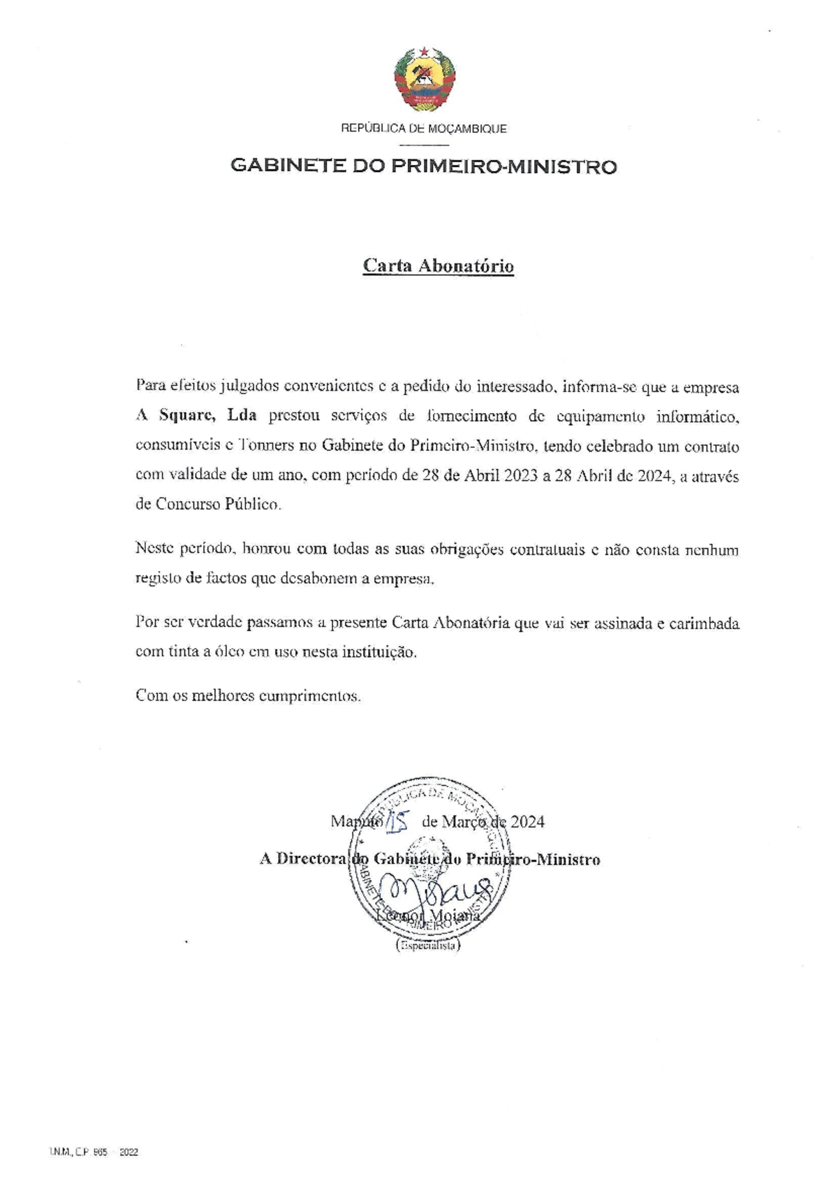 Carta Abonatória da A Square, Lda - Gabinete do 2023-2024 - Studocu