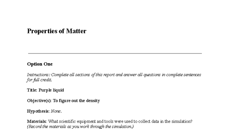 Properties of Matter Lab Report: Density Analysis (Option 1) - Studocu