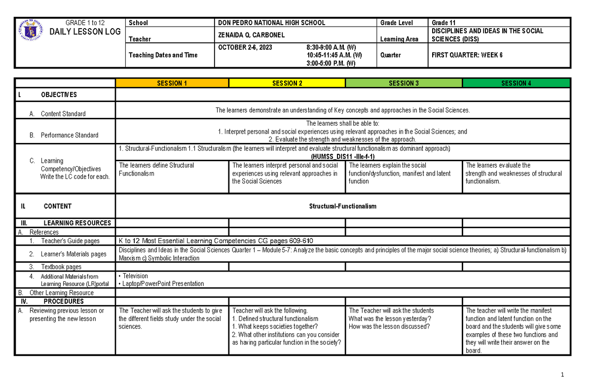 DISS 11 - Week 6 Daily Lesson Log on Structural Functionalism - Studocu