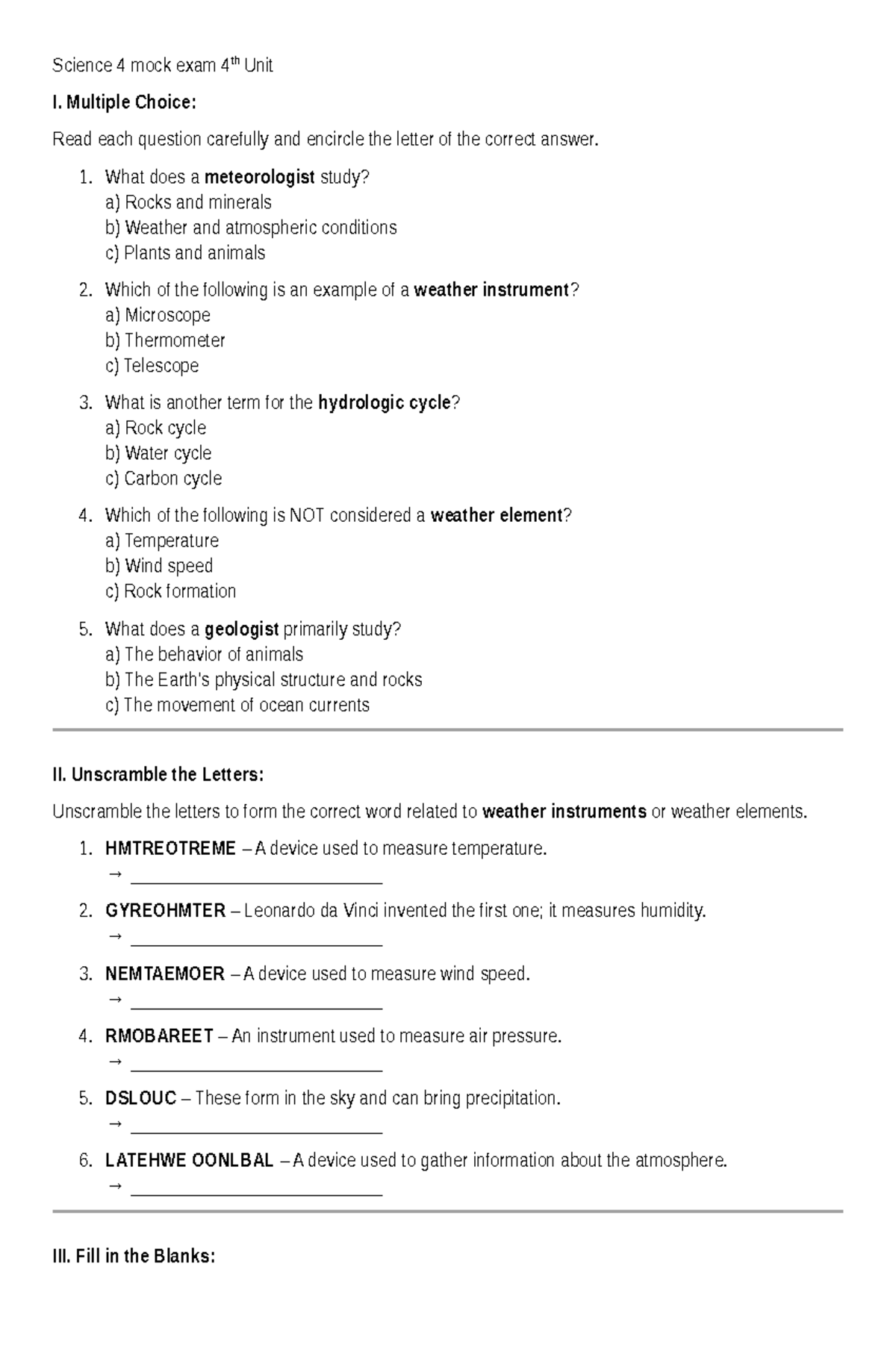 Science 4 Mock Exam: Unit 4 Weather Instruments & Concepts - Studocu