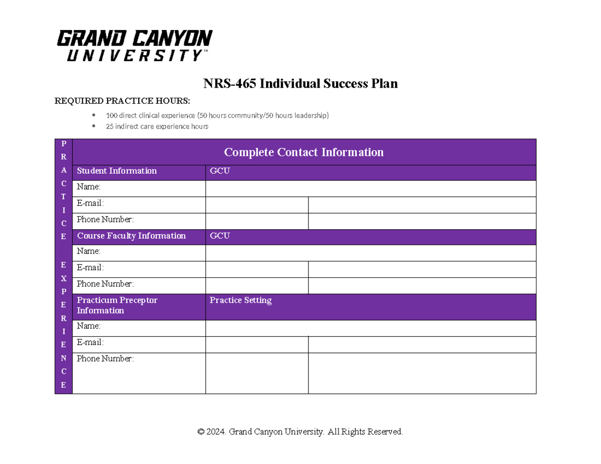 NRS-465 Individual Success Plan: Mapping Clinical Experience Goals ...