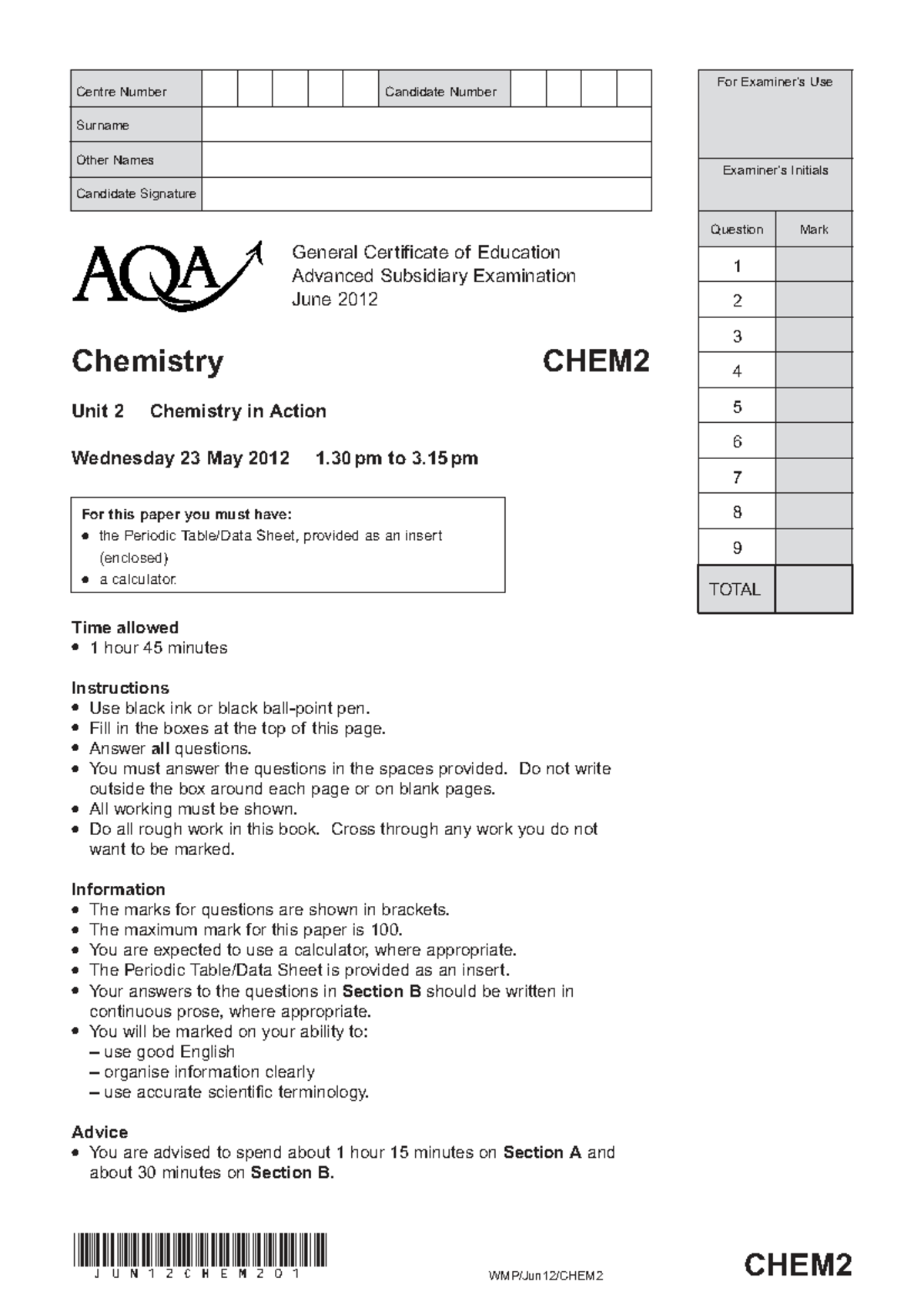 AQA CHEM2 June 2012 AS Chemistry Exam Paper - Practice Questions - Studocu
