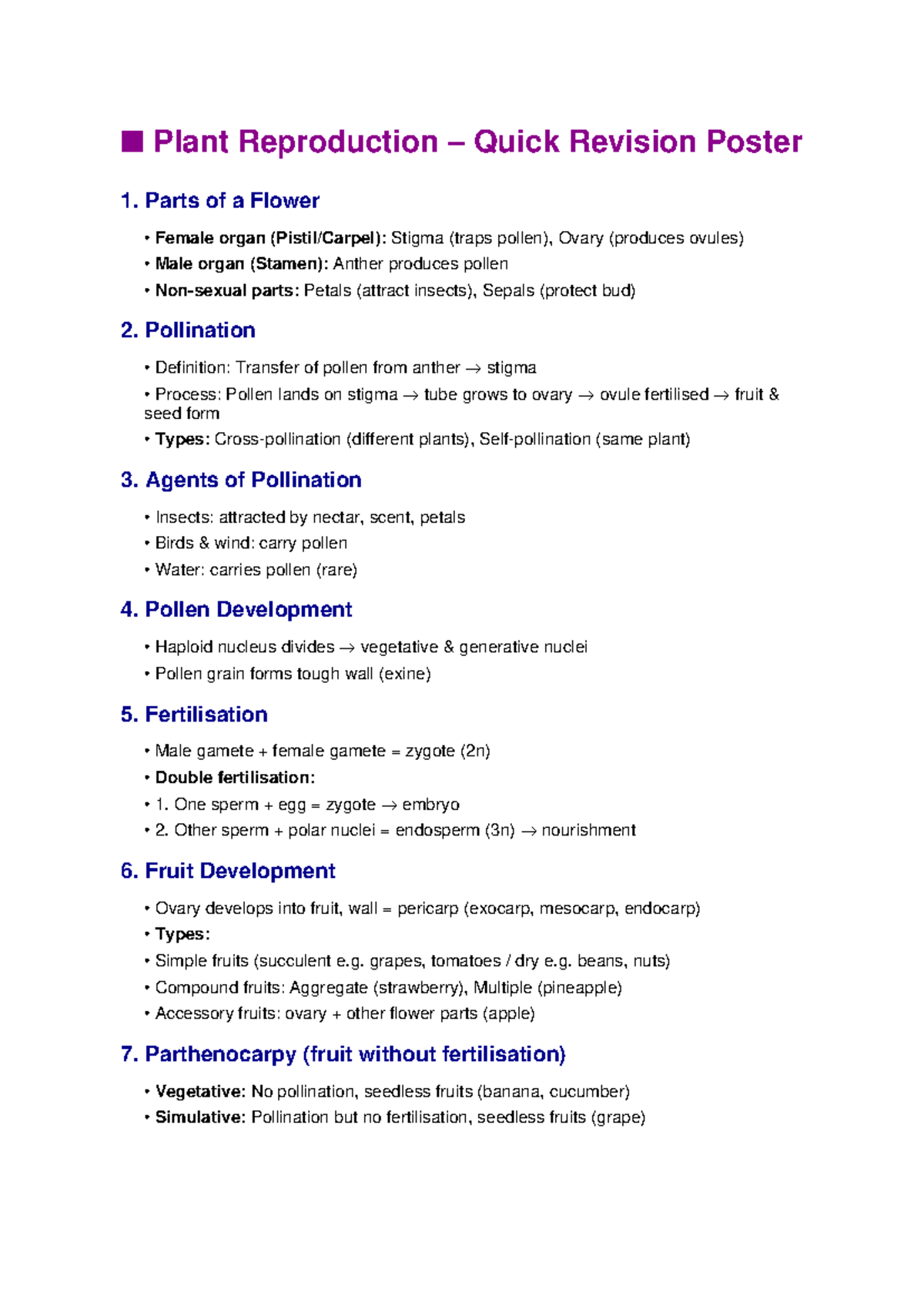 Plant Reproduction Revision Poster: Key Concepts and Processes - Studocu