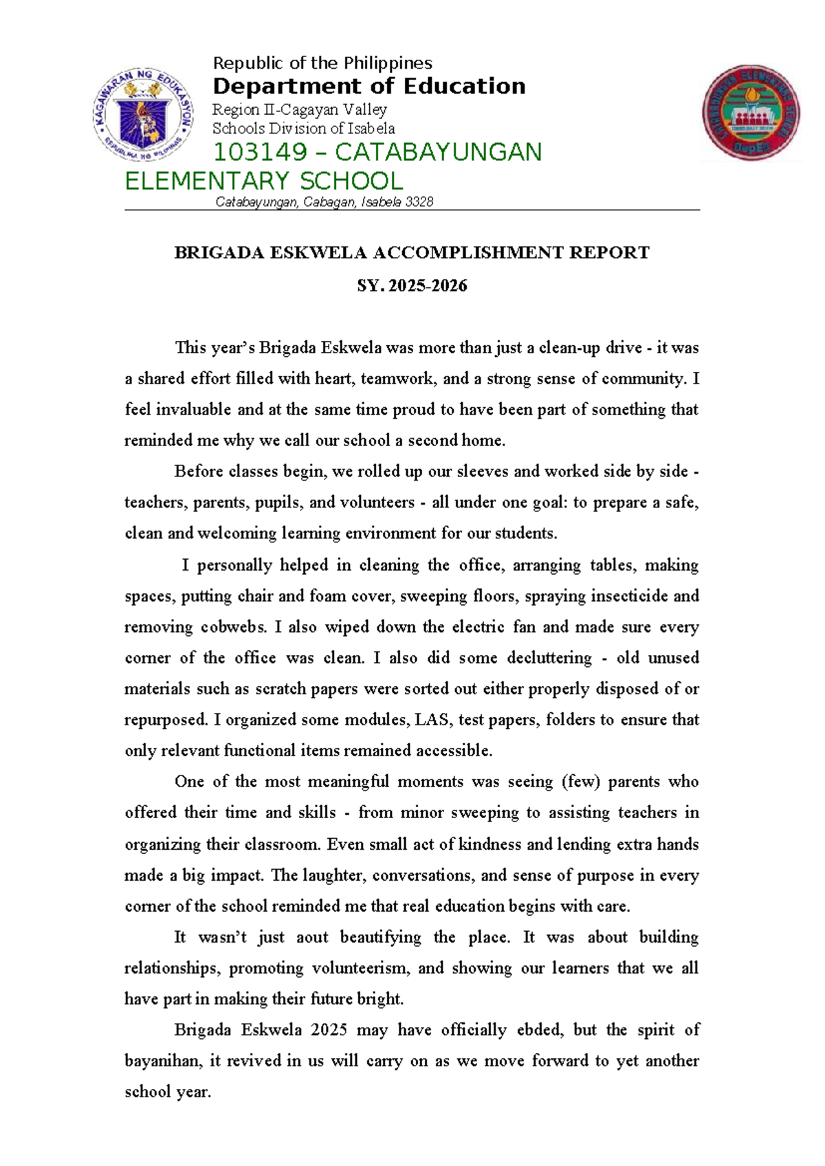 Brigada Eskwela 2025 Accomplishment Report - Catabayungan Elem. School - Studocu